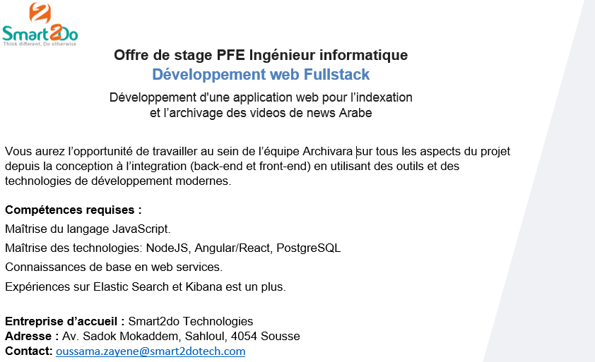 Smart2do Technologies // offre [ des Stages PFE ] – Offres d'emploi